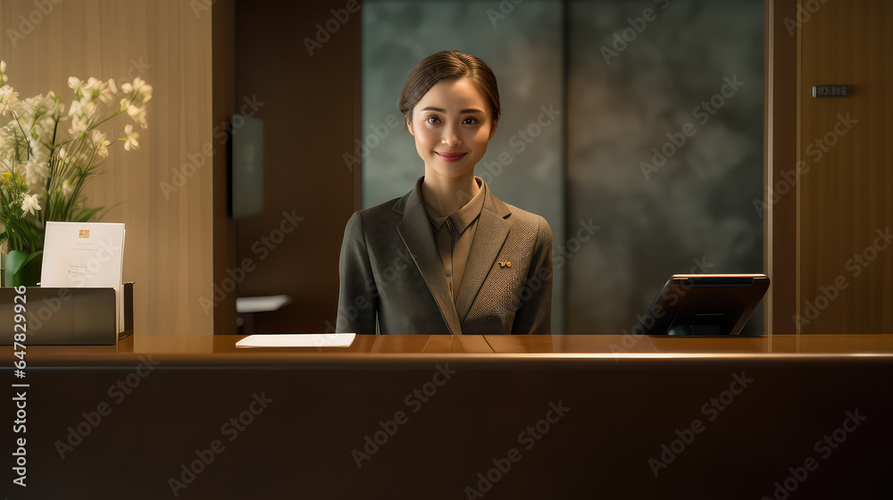 Young asian smiling woman pleasant looking hotel receptionist standing ...