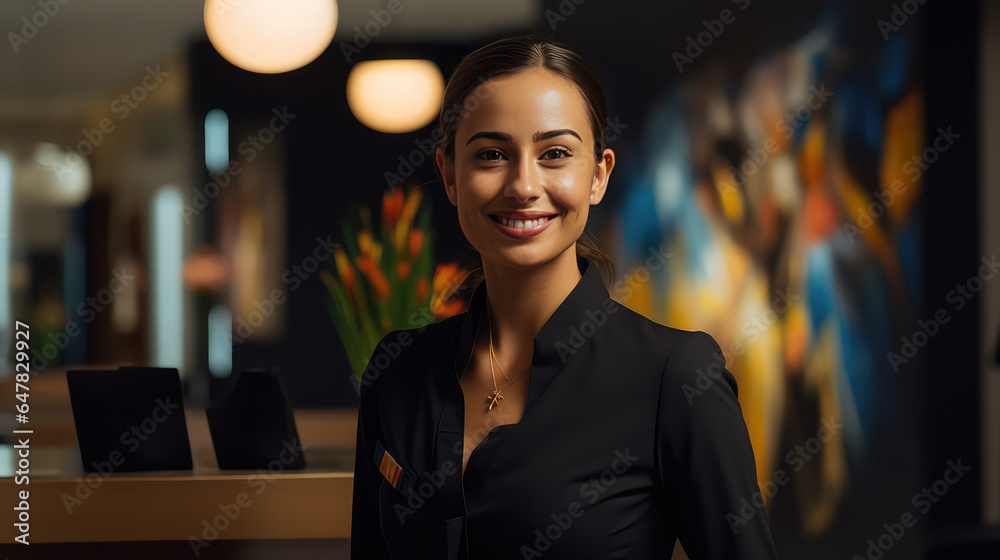Young smiling woman pleasant looking hotel receptionist standing in her ...