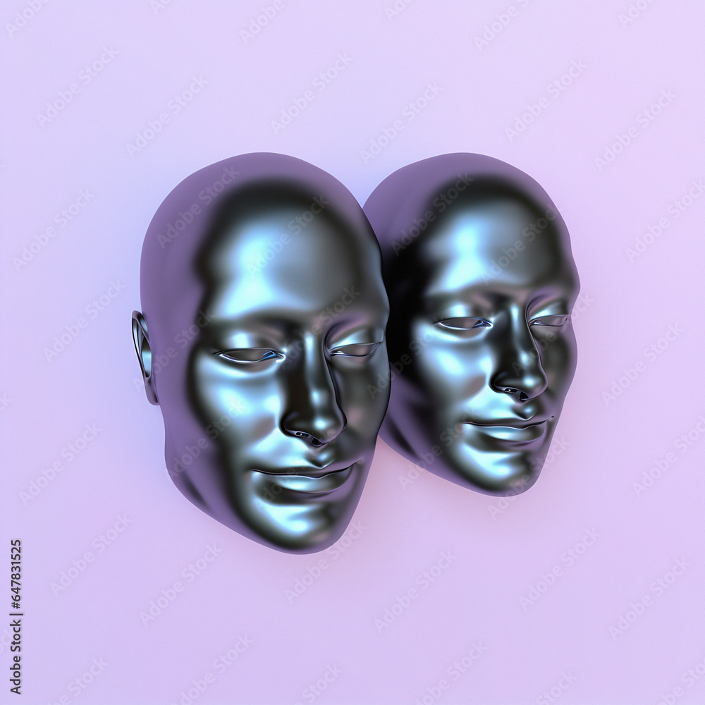 Surreal 3d illustration of two сonjoined faces on a pink background ...