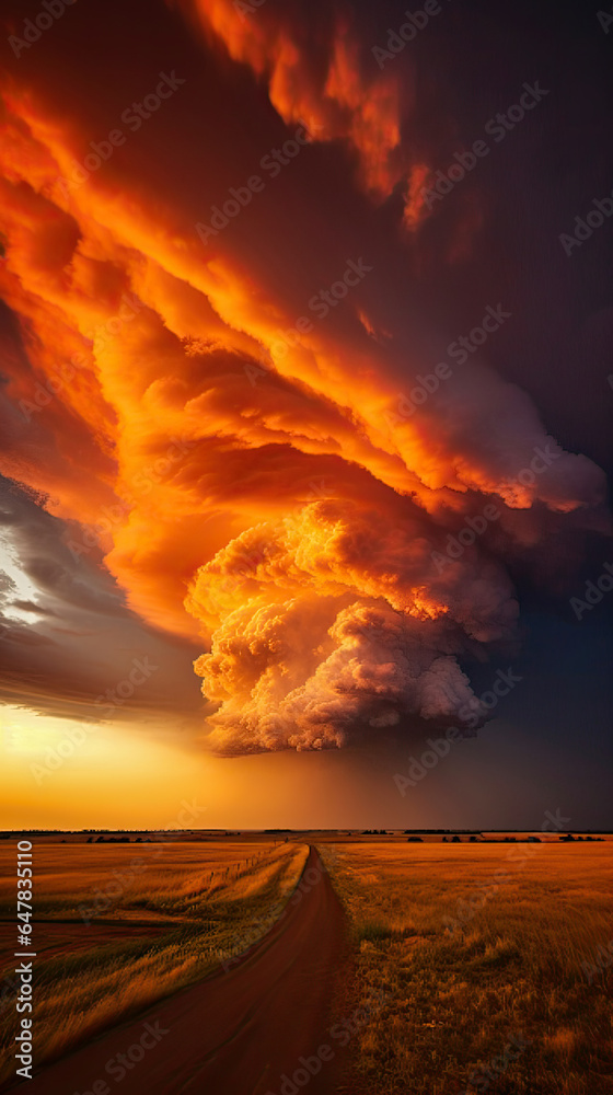 Fiery Cloud Formation and Dusk Light over a Remote Country Road Stock ...