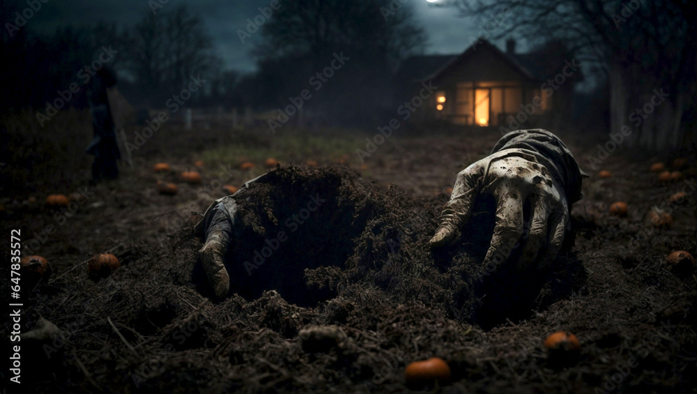 Mysterious Zombie Hands Coming Out From The Ground at Dark Halloween ...