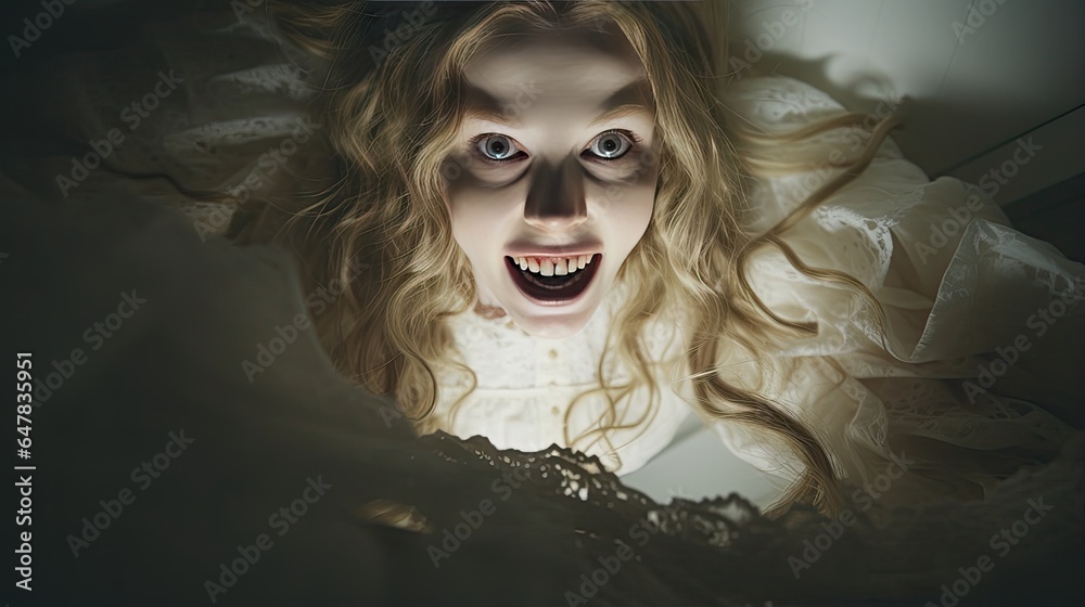 A possessed woman on the ceiling, possessed by a demon, stares intently ...