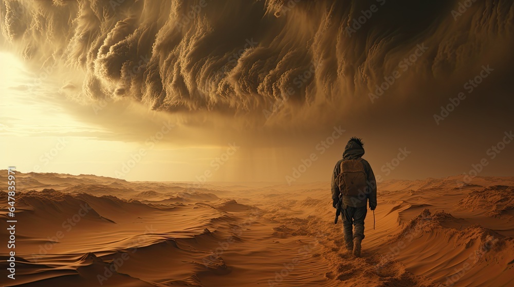 Man going into sandstorm. Dramatic sand storm in desert. Digital art ...
