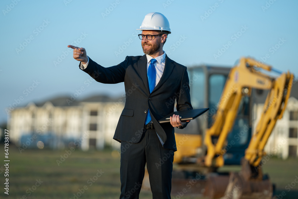 Construction builder investor. Man investor in front of construction ...