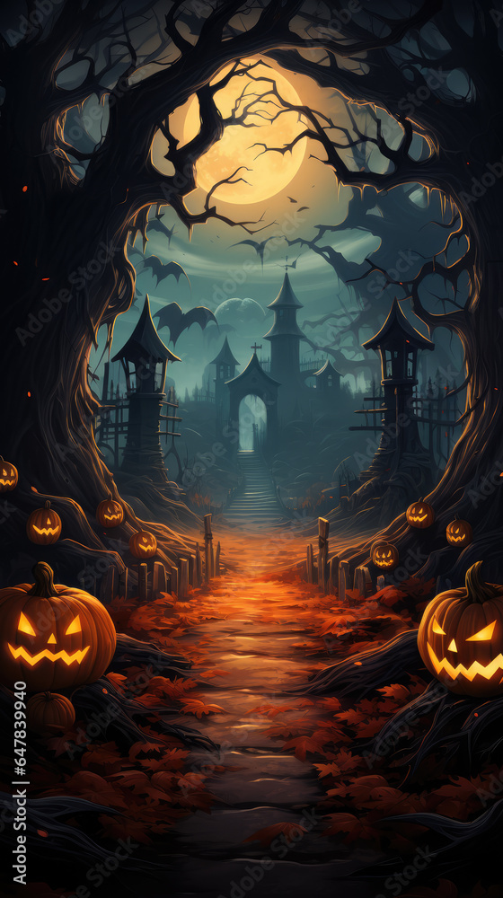 Halloween Poster Background, Spooky path through the forest to a ...