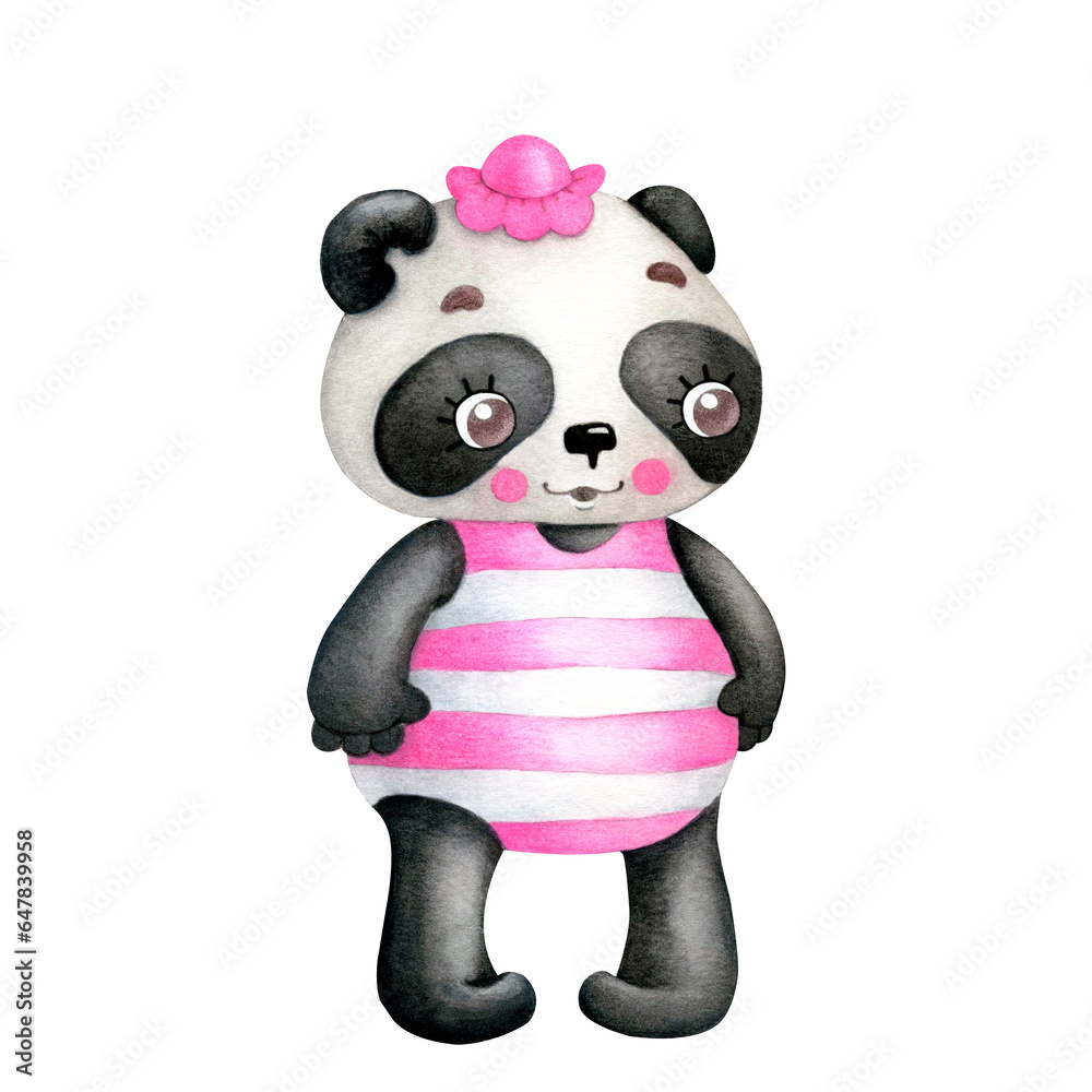 Cute clubfoot panda girl in a pink striped swimsuit and panama ...