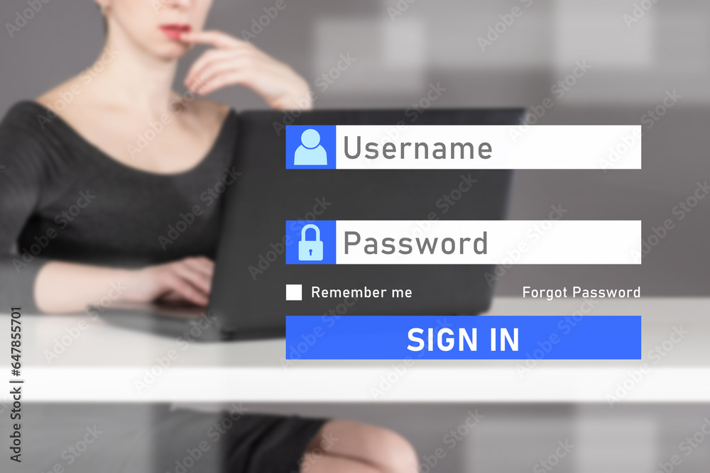 Login form near businesswoman. Woman enters her username and password ...