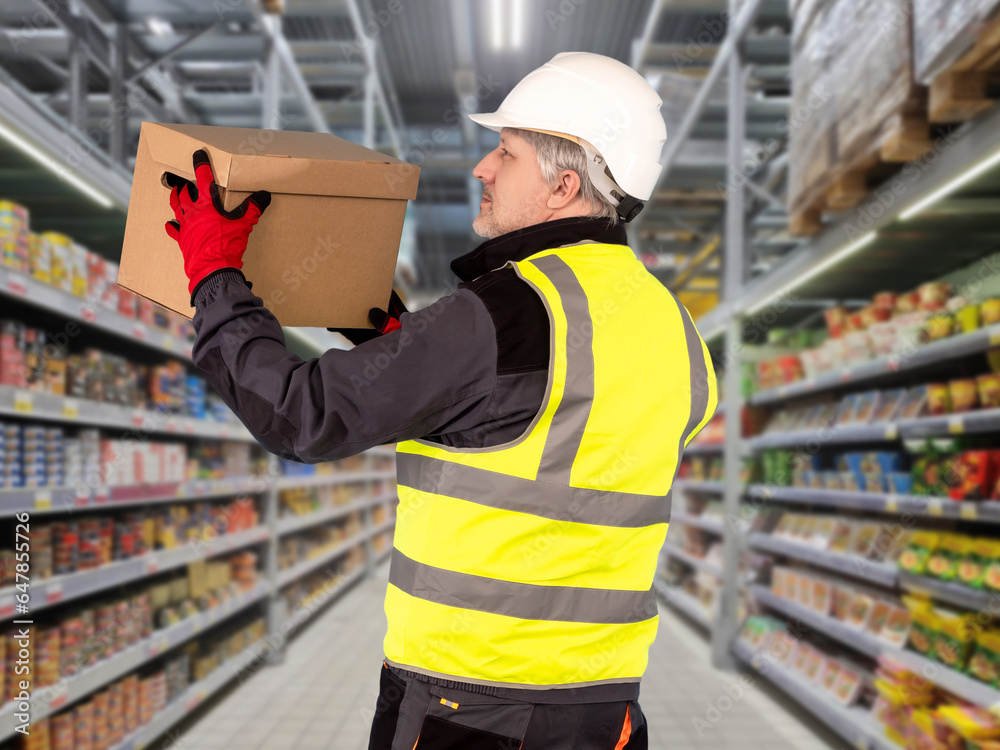 Man with box in supermarket. Loader at grocery store. Man supermarket ...