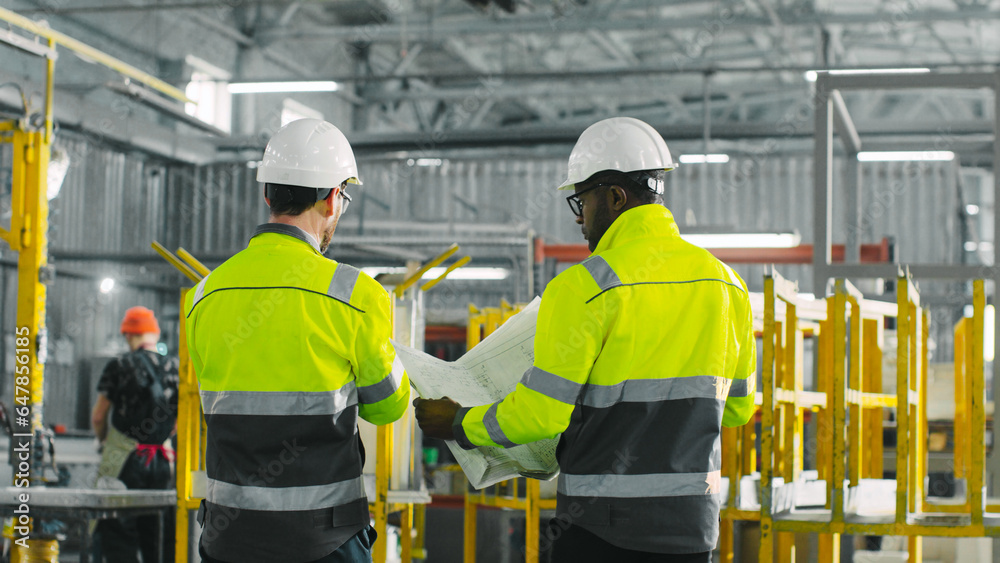 Workers are walking and discussing something. Two engineers in uniform ...