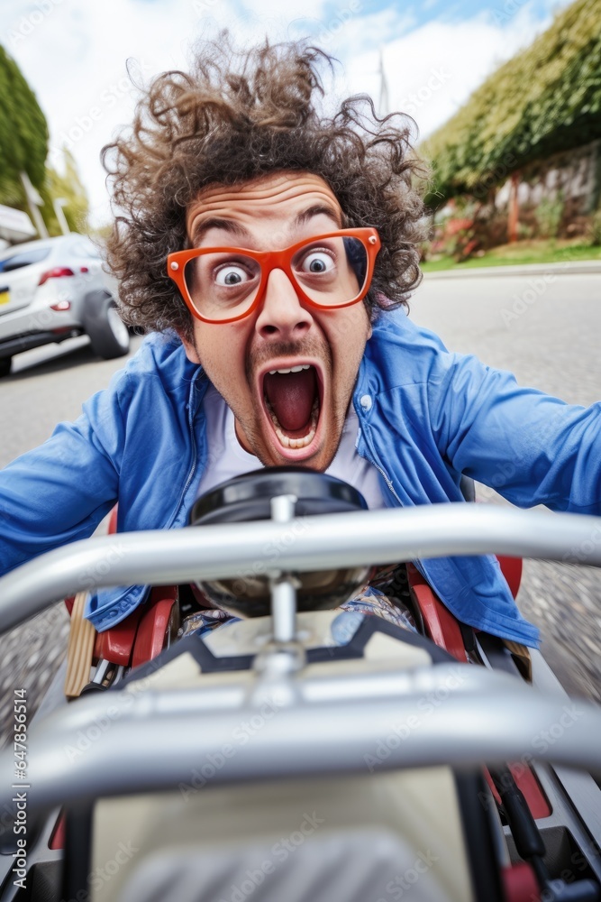 Funny man with an astonished and surprised look driving a pedal car ...