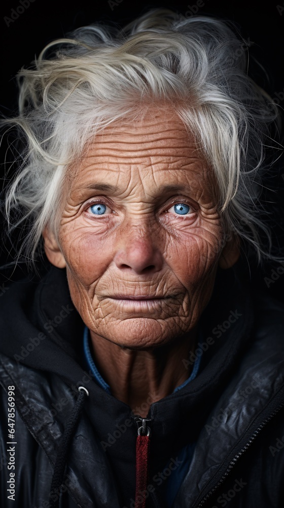 an elderly woman, her face a roadmap of wrinkles telling tales of time ...