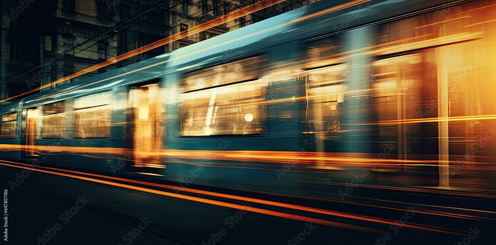 High speed train in motion on the railway station at sunset. Fast ...