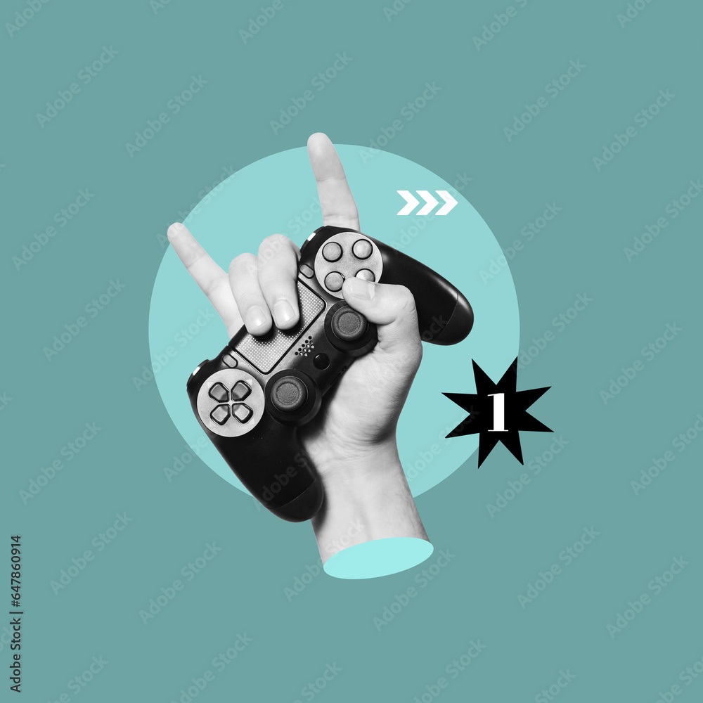 gamer winning, hand with control, console hand, rock hand, number one ...