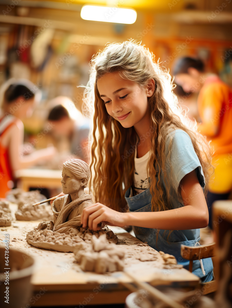 A girl happy in her sculpture creation on a clay model. Girl sculpting ...