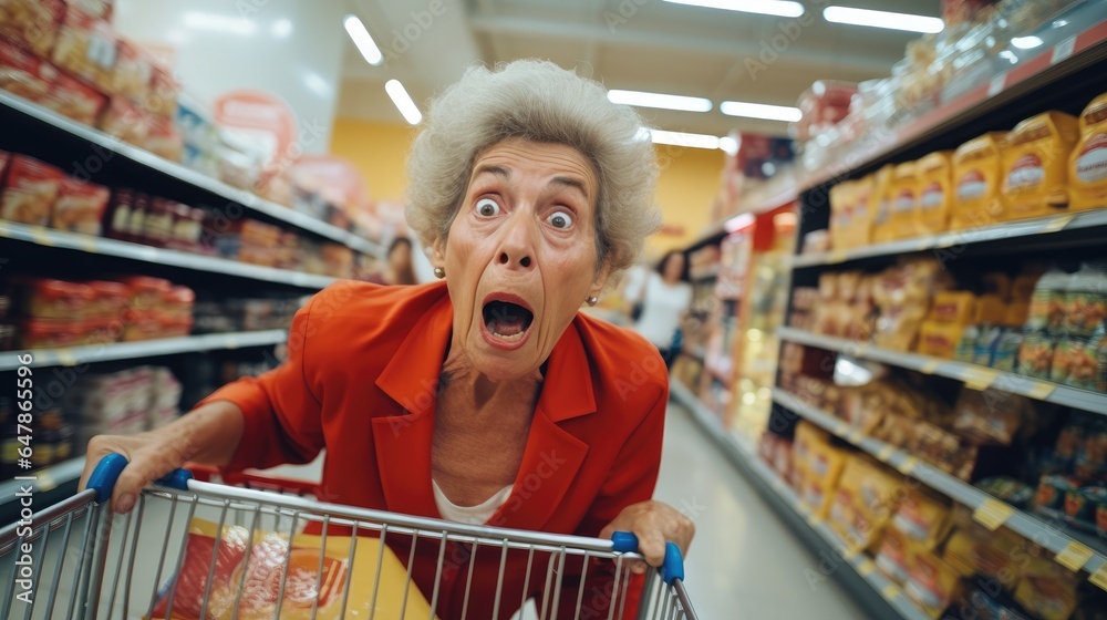 Funny woman with an astonished and surprised look running through the ...