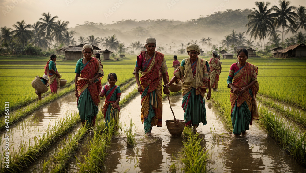 A family of farmers working together in the rice paddy field. Multiple ...