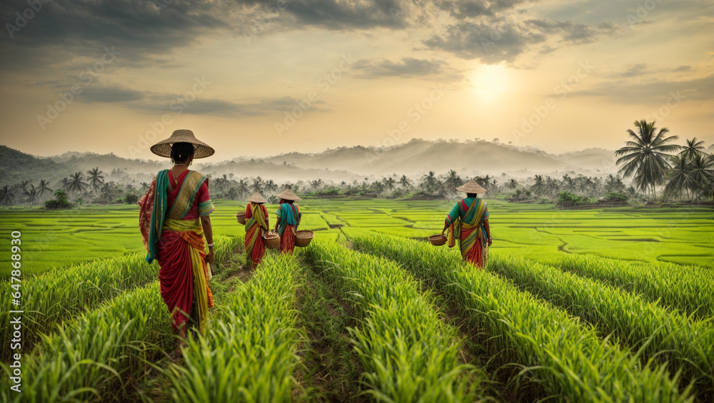 Farmer in rice field, lush green rice paddy field in rural India ...