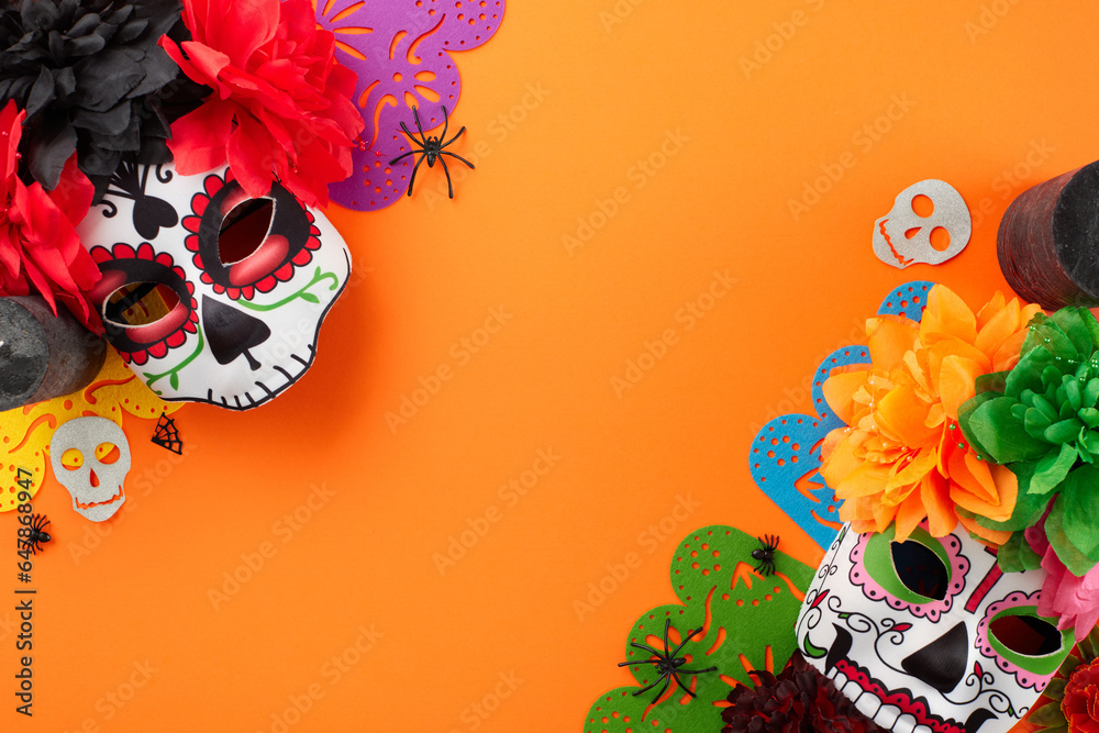Explore the magic of Dia de Los Muertos. Top view photo of carnival ...