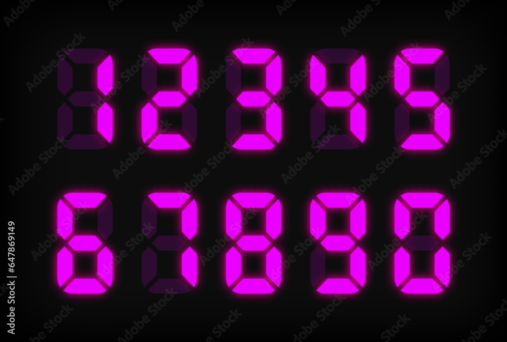 Purple electronic numbers on black background. LED clock. Digital Watch ...