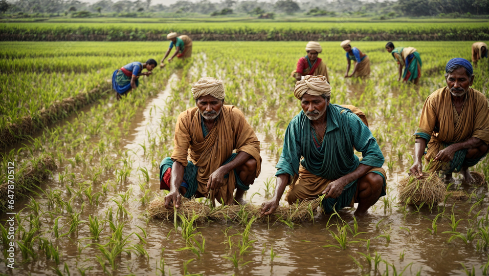 Farmer in rice field, the traditional farming methods in rural India ...