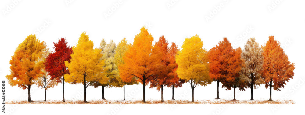 grove of many autumn yellow trees side view, png file of isolated ...