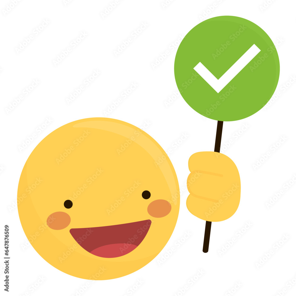 A smiling emoji with a hand holding a green sign with a checkmark ...