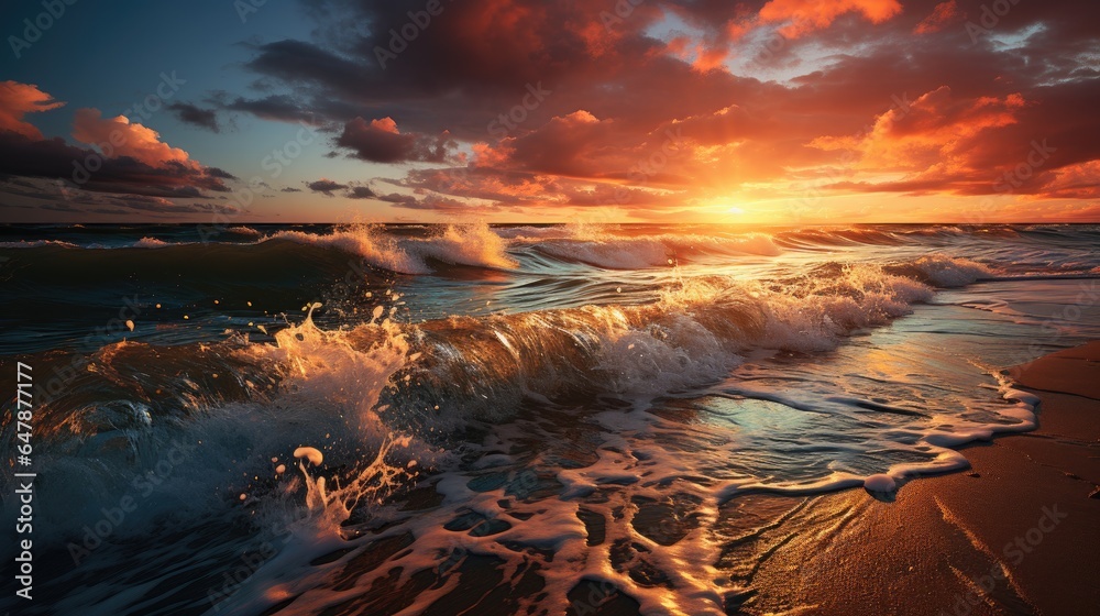 Wild waves, stormy sunset, sunrise, vivid depiction showcases an ocean ...