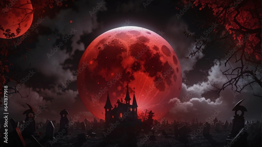 Haunted house in horror landscape in blood red full moon spooky forest ...