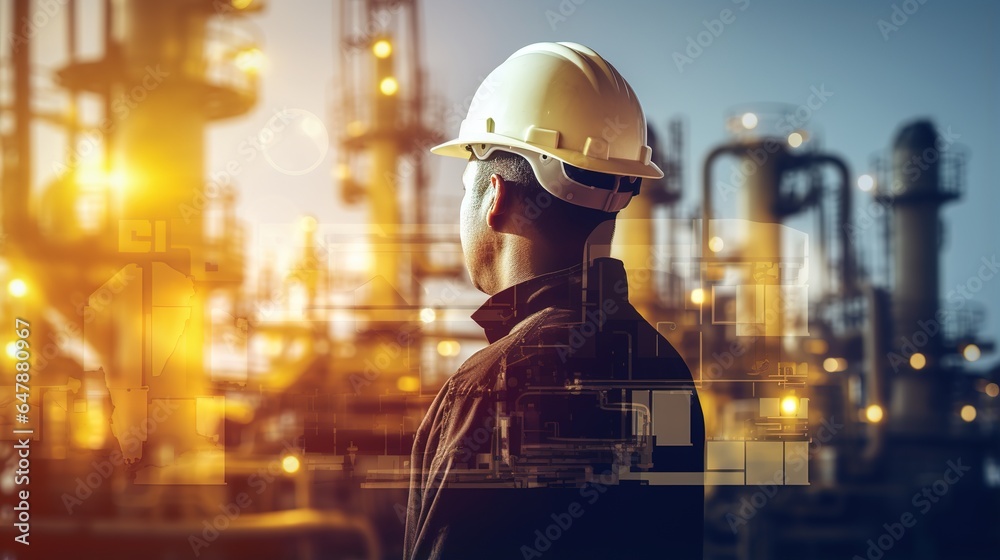 Engineer wearing a safety helmet with an oil refinery industry plant in ...