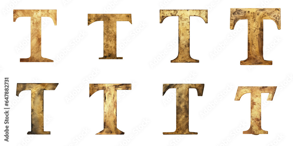 Png Set Stencil style uppercase letter T in rough aged gold metal ...