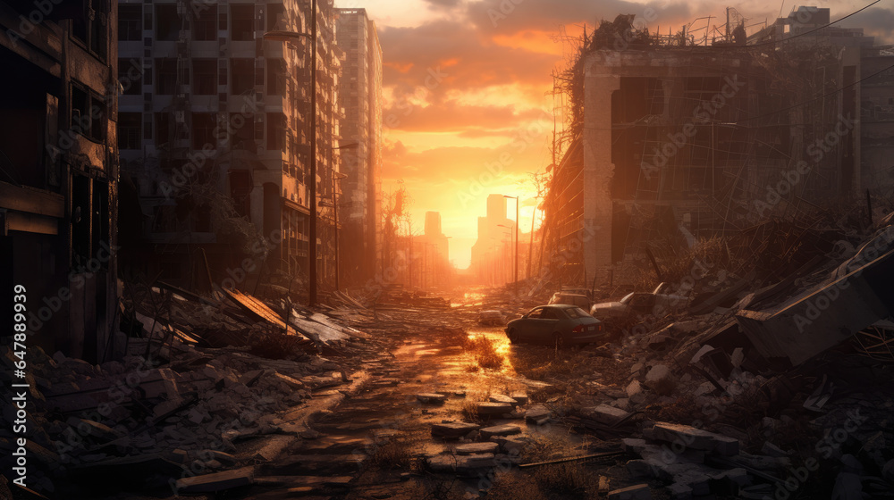 War-torn cityscape featuring crumbling buildings and debris Stock Photo ...