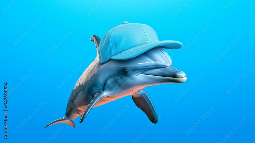 "Fashion a striking image of a dapper dolphin in a cap on a vibrant ...