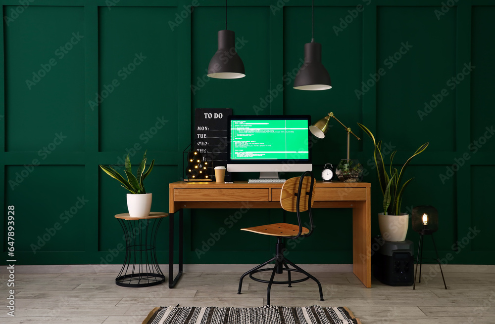 Interior of office with programmer's workplace and houseplants Stock ...