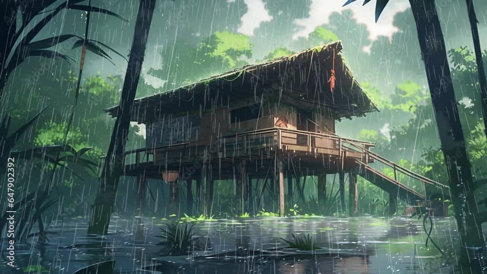 Rainforest, humid afternoon, stilt house, rain, water puddle, anime ...