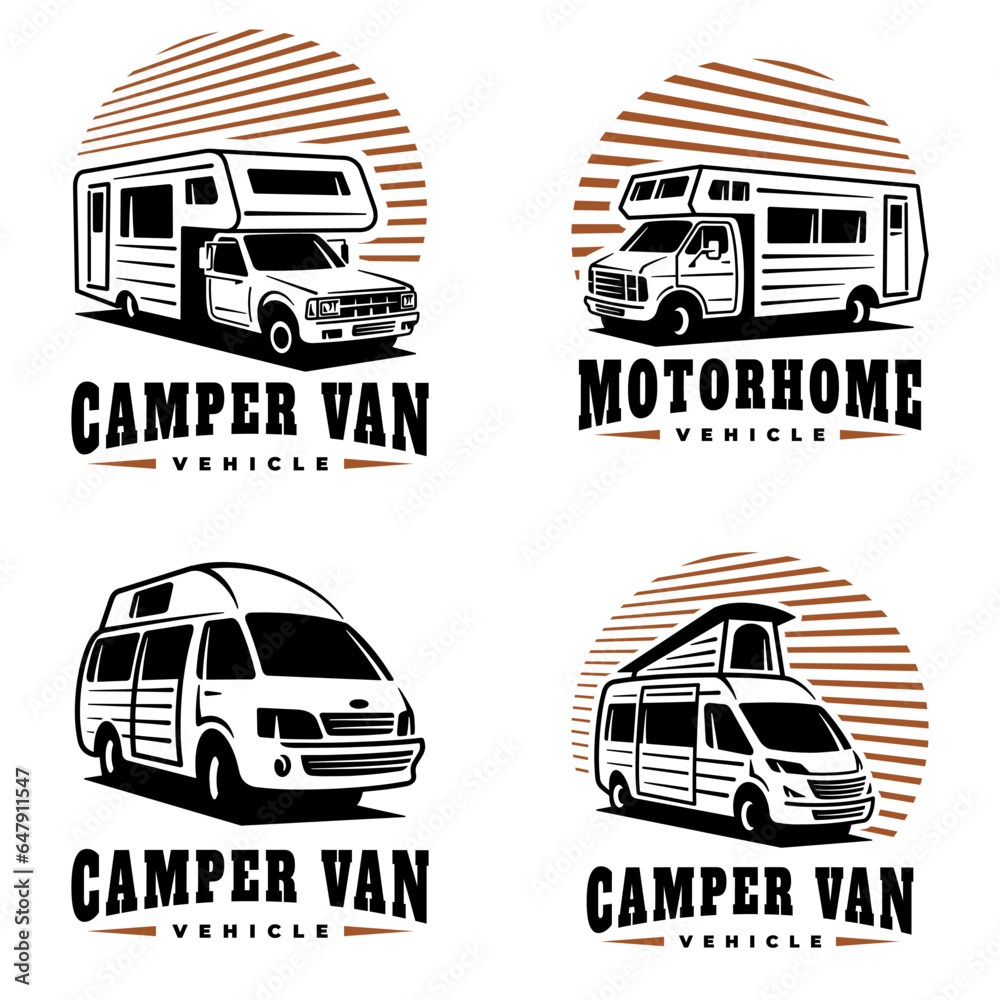 Set of RV recreational vehicle badge design. Camper van motorhome ...