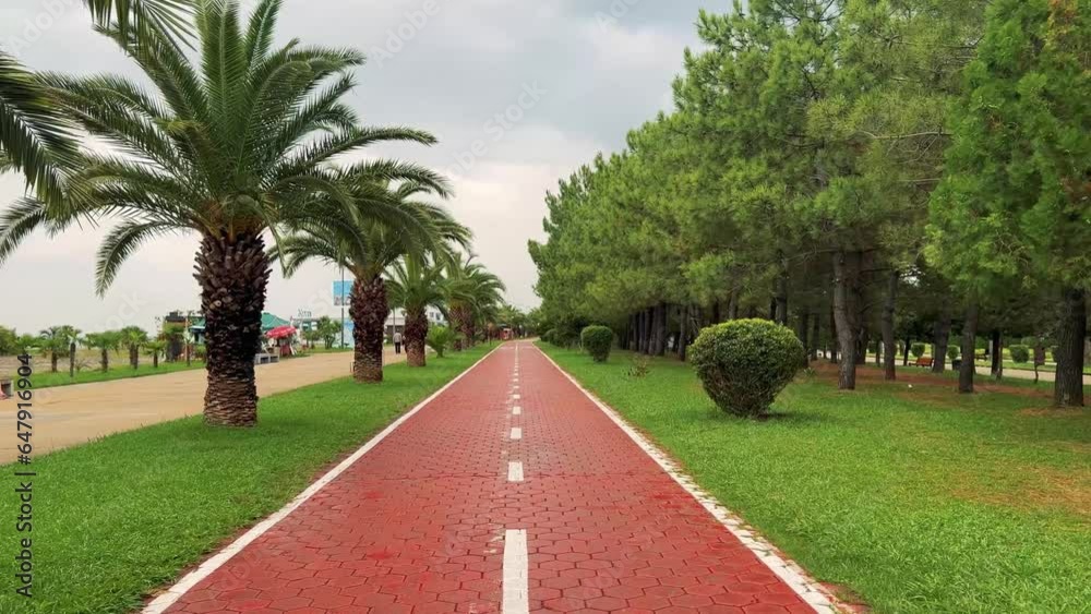 4K video moving forward. Front view. Landscape overlooking red bike ...