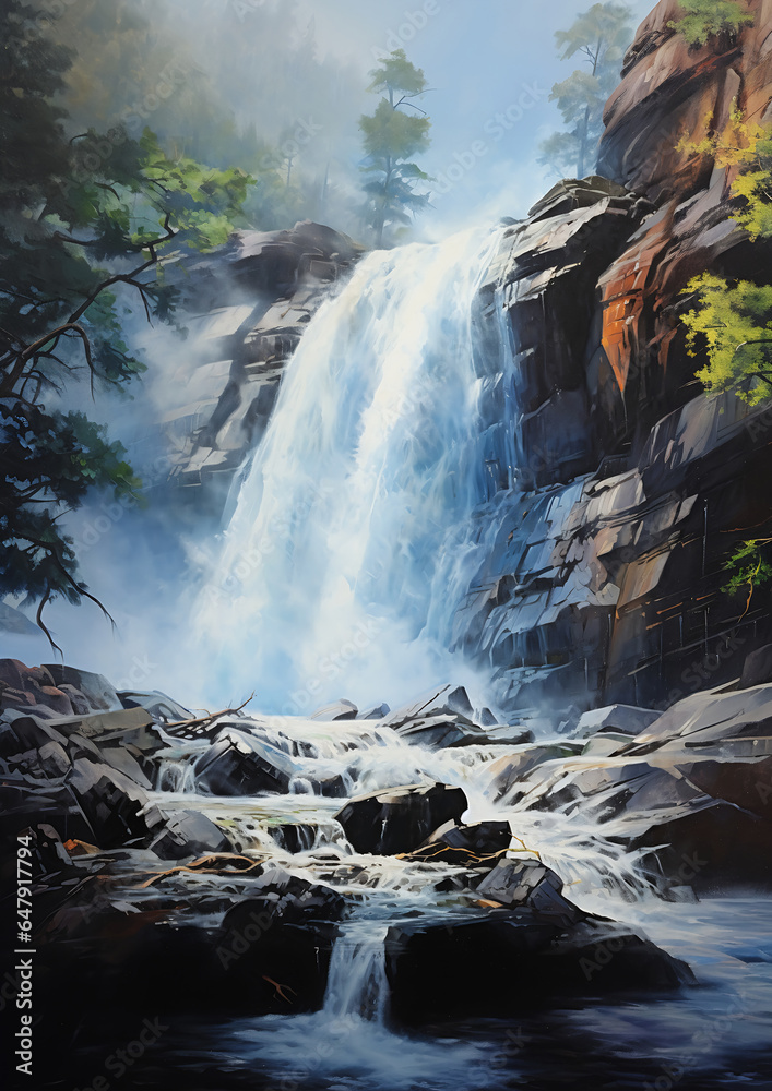 waterfall rocky area trees rocks black fir fluid dynamic forms spraying ...