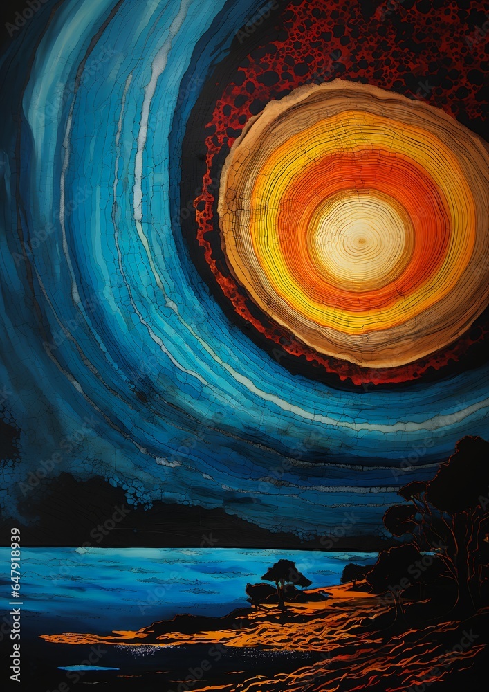 sunset tree deep ayahuasca spirit concentric circles azurite batik ...
