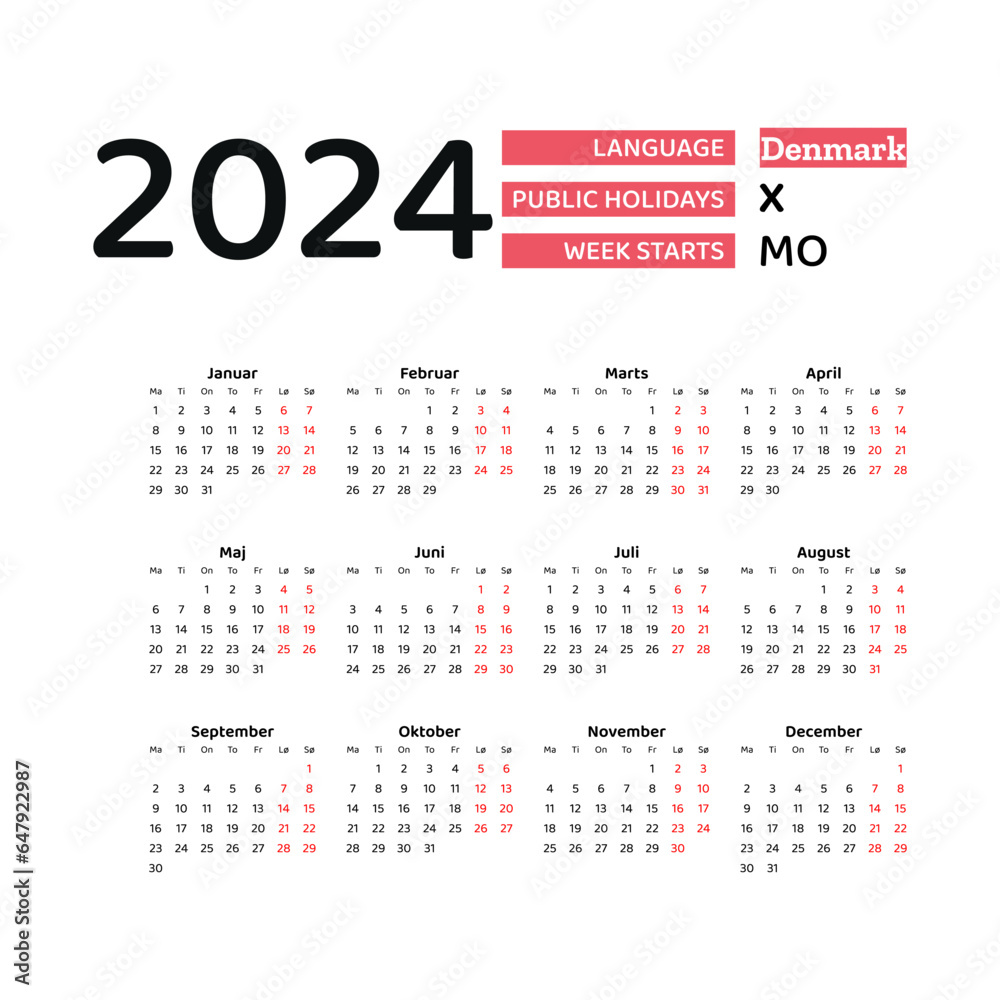 Denmark Calendar 2024. Week starts from Monday. Vector graphic design ...