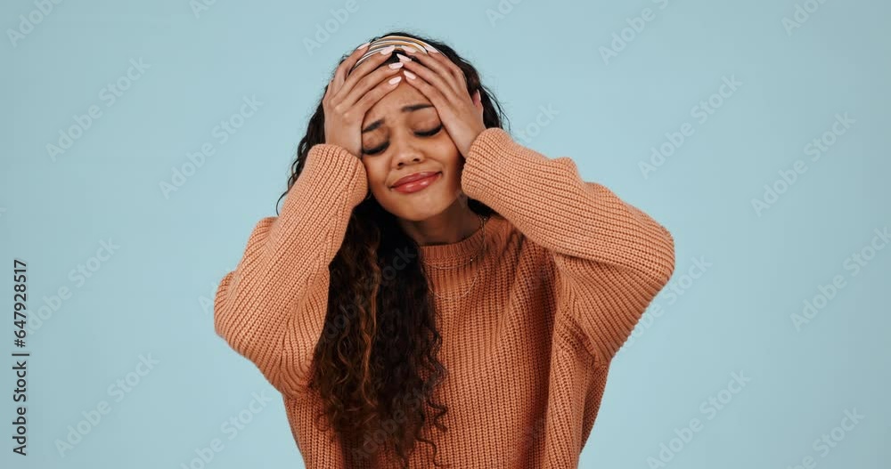 Confused, frustrated and young woman in studio with questions, thinking ...