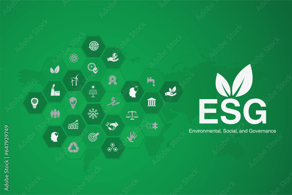 green gradient background with world map with ESG icon. concept of ...