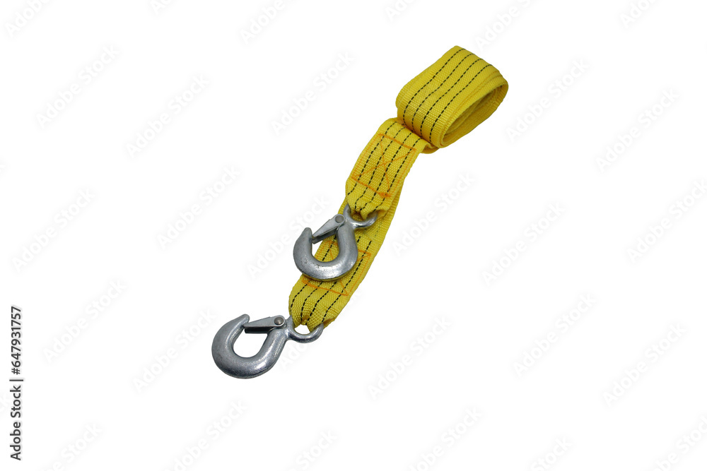 Isolated image of yellow nylon webbing with white steel hook on ...