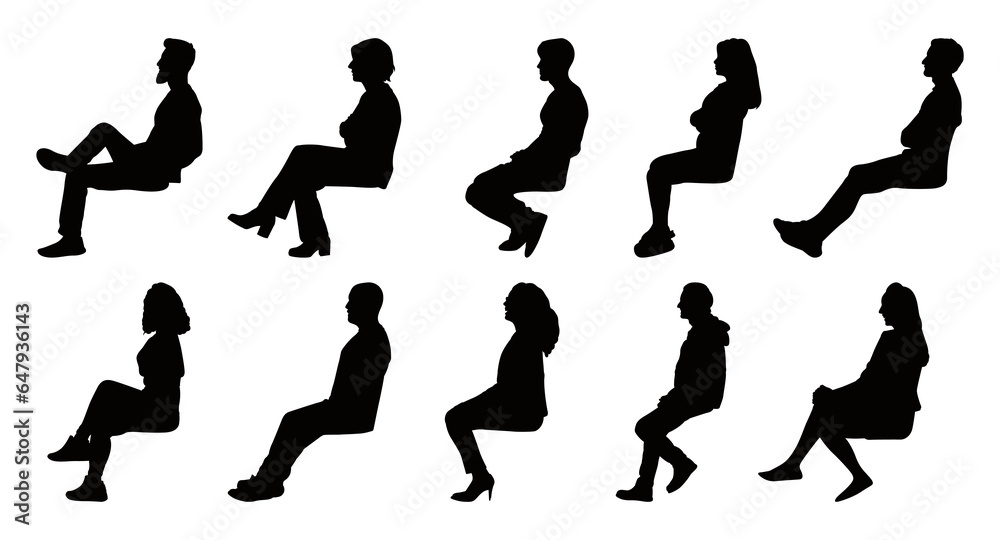 Vector set of detailed people sitting side view silhouettes isolated on ...