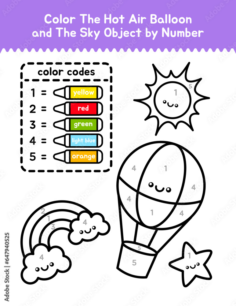 Cute Hot Air Balloon And Sky Objects Color By Number Coloring Page For ...