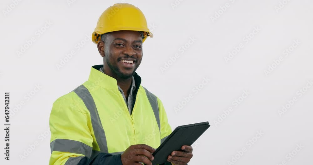 Portrait, man and construction worker with tablet in studio for project ...