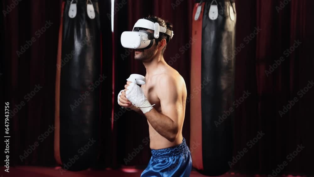 Boxer training utilizing VR technology or virtual reality, wearing VR ...