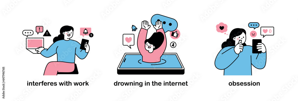 People addicted to smartphones and social media. social issues ...