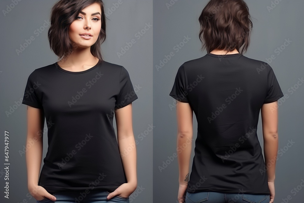 Young woman wearing black casual t-shirt. Side view, back and front ...
