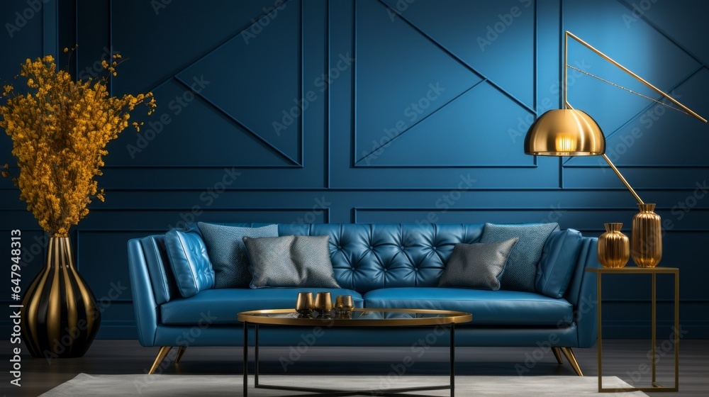 Design of a modern living room with a dark blue sofa and a blue wall ...