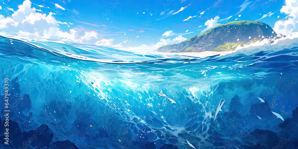 Anime ocean waves background blue tropical sea backdrop, generated ai ...